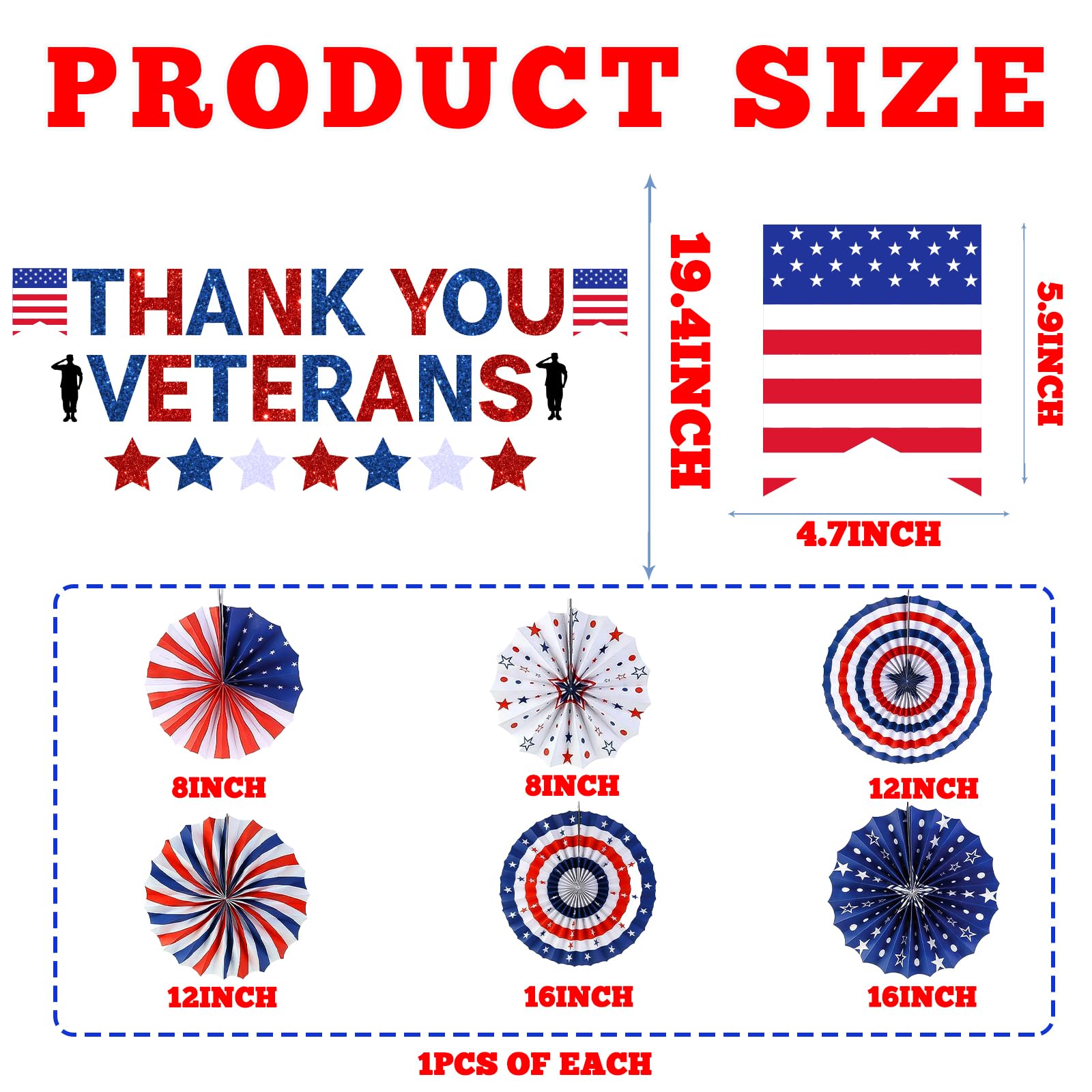 Veterans Day Decorations,Thank You Veterans Banner Happy Veterans Day Decorations Hanging Swirls and Red White Blue Paper Fans for Veterans Day Party Bulletin Board Indoors Patriotic Decorations