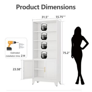 RISTERN 75" Tall White Metal Bookshelf with 4 Adjustable Storage Shelves and Doors, Open Freestanding Display Storage Cabinet for Office, Home Office, Living Room, Bed Room, 15.75"D x 31.5"W x 75.2"H