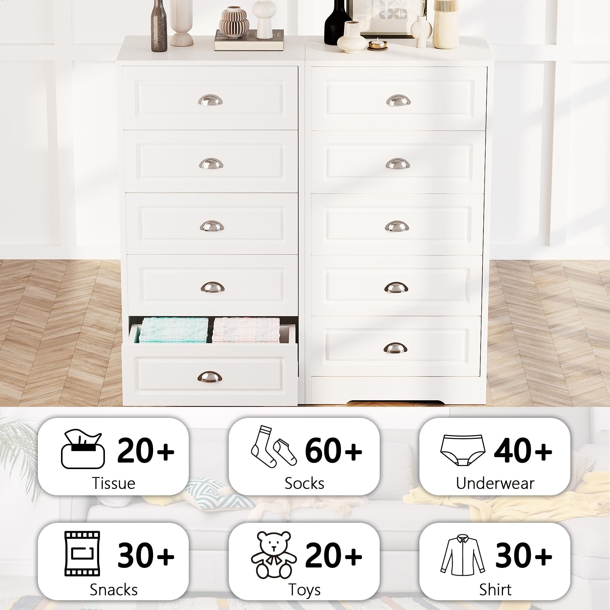 Meilocar Dresser with 5 Drawers, Wood Chest of Drawers, 47in Vertical White Dresser Storage Tower, 5 Drawer Dresser for Living Room, Bedroom, Hallway (White)