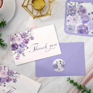 Whaline 24Pcs Lavender Floral Thank You Cards with Envelopes and Stickers Purple Floral Greeting Cards Elegant Flower Blank Note Cards for Party Supplies