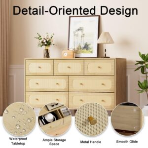 Wananlanen Rattan Dresser for Bedroom, Wood Boho 7 Drawer Chest of Drawer with Storage and Gold Handle, Modern Natural Rattan Dresser for Living Room, Hallway, Entryway