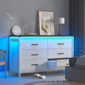 TVU Farmhouse 6 Drawers Wood Dresser with LED, Storage Dresser for Bedroom, Wide Chest of Drawer with Metal Handles