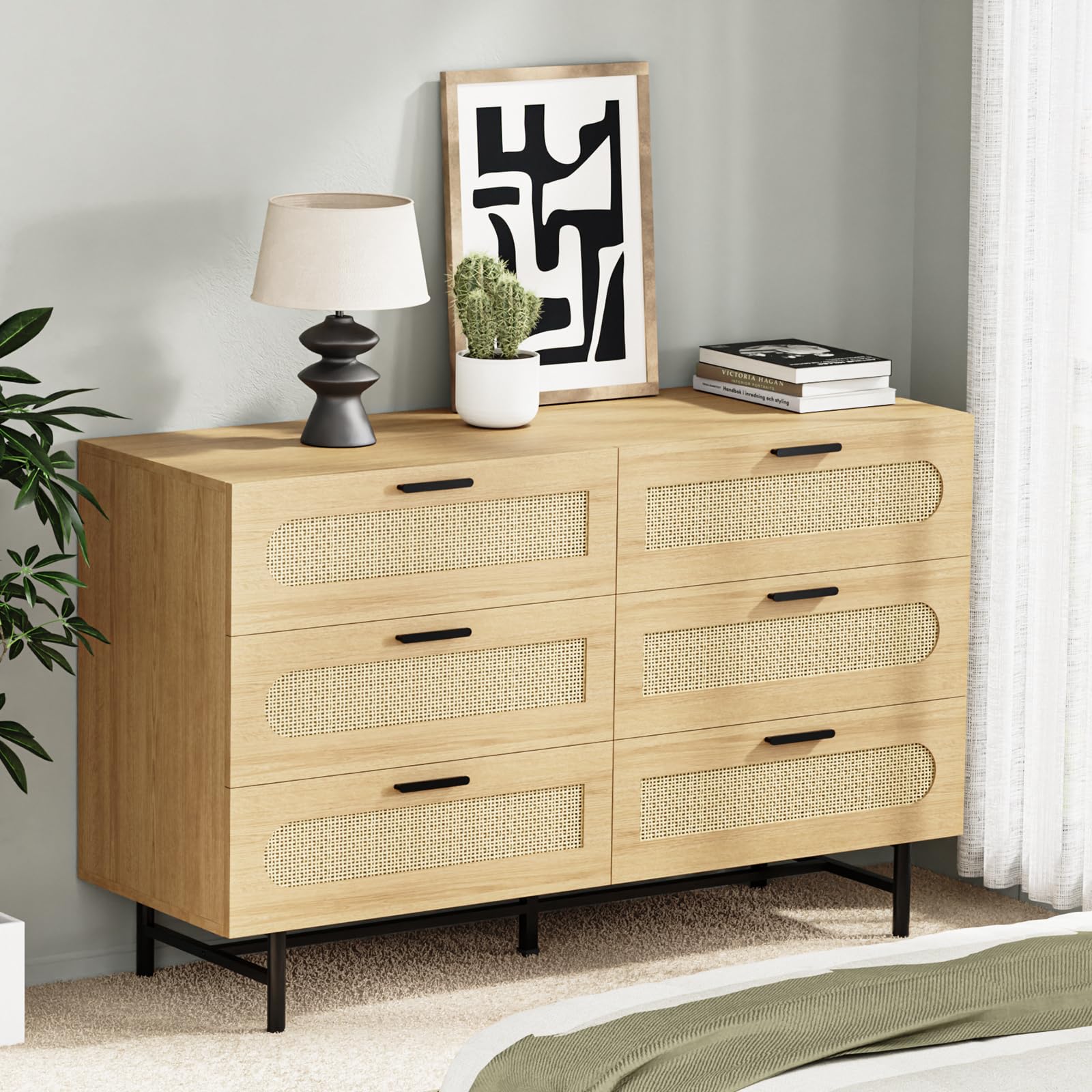 Vrullu 6 Drawer Double Dresser for Bedroom, Natural Rattan Chest with Drawers, Modern Wood Boho Dresser with Handles, Storage Closet for Closet, Living Room and Entryway (Round Pattern Drawer)