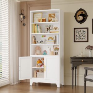 ristern 75" tall white metal bookshelf with 4 adjustable storage shelves and doors, open freestanding display storage cabinet for office, home office, living room, bed room, 15.75"d x 31.5"w x 75.2"h