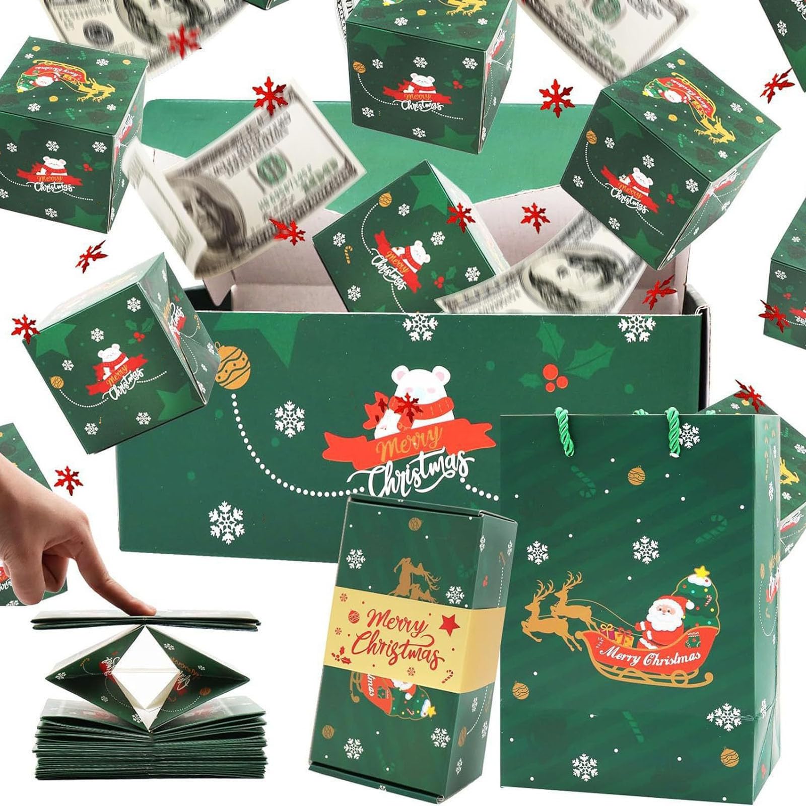 Merry Christmas Surprise Gift Box Explosion for Money - Money Gift Box Explosion with Reindeer Santa Claus- Pop Out Folding Bounce Explosion Gift Box (Green-9pc)