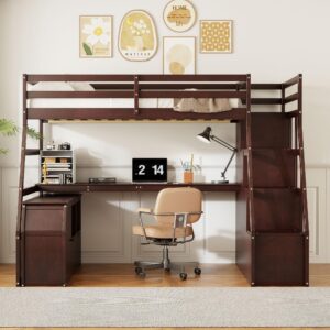 Full Size Loft Bed with Desk, Solid Wood Loft Bed Frame with 7 Drawers and 2 Shelves, Storage Cabinet, 68.3" High Loft Bed Frame with Storage Staircase, No Box Spring Required (Espresso/Full,90)