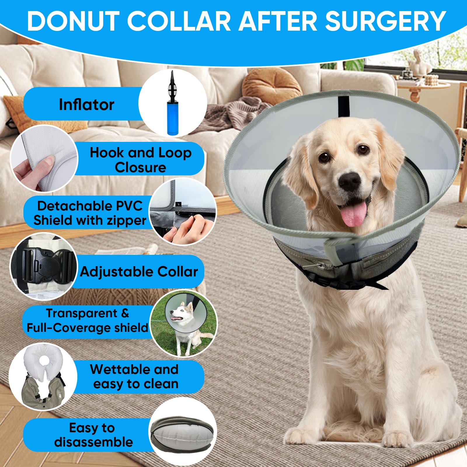 Inflatable Dog Cone Collar ，2-in-1 Inflatable Dog Cone with Detachable Anti-Licking Shield，Soft Cones for Dogs After Surgery,Soft Cone for Dogs Does Not Block Vision. (Grey, XL(Neck:18-22”))