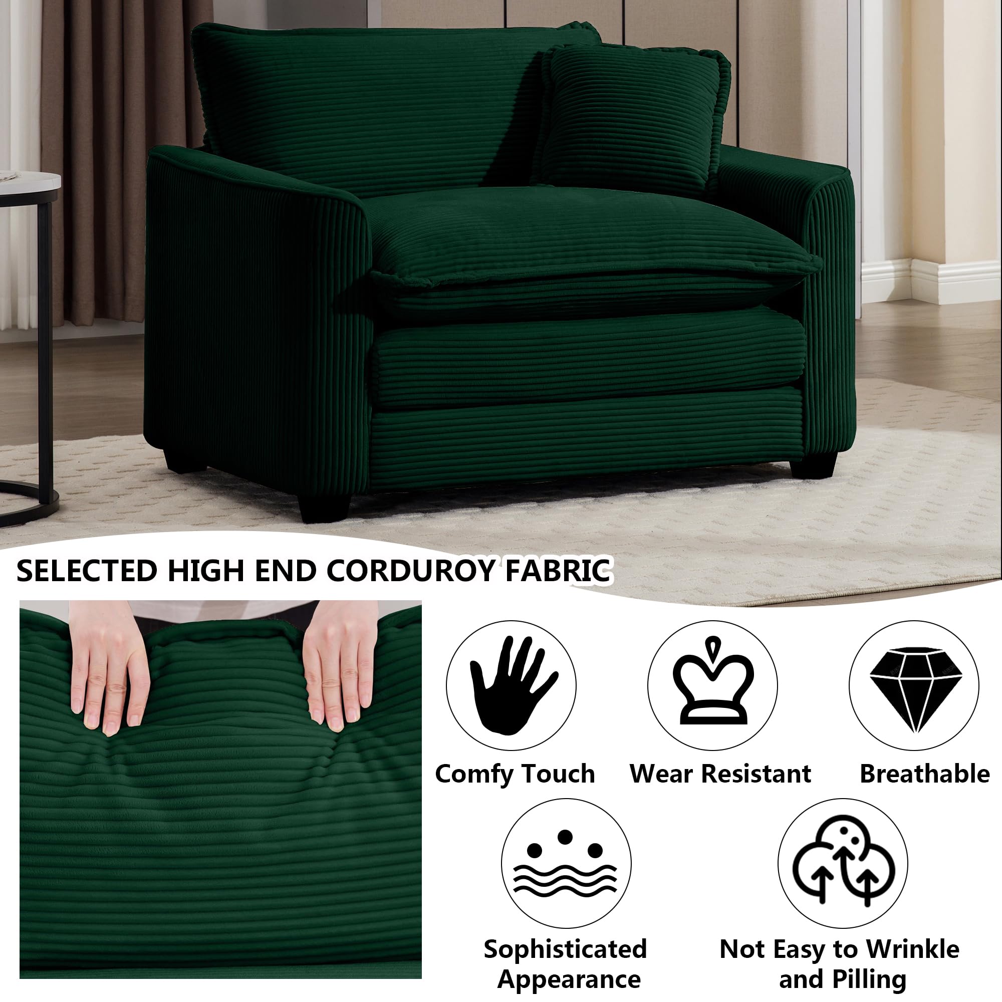 Nestglow Oversized Modular Sectional Sofa Chair, 45'' Modern Corduroy Comfy Cloud Couches for Living Room Apartment, Deep Seat Sofa Chair with 1 Toss Pillows, Green