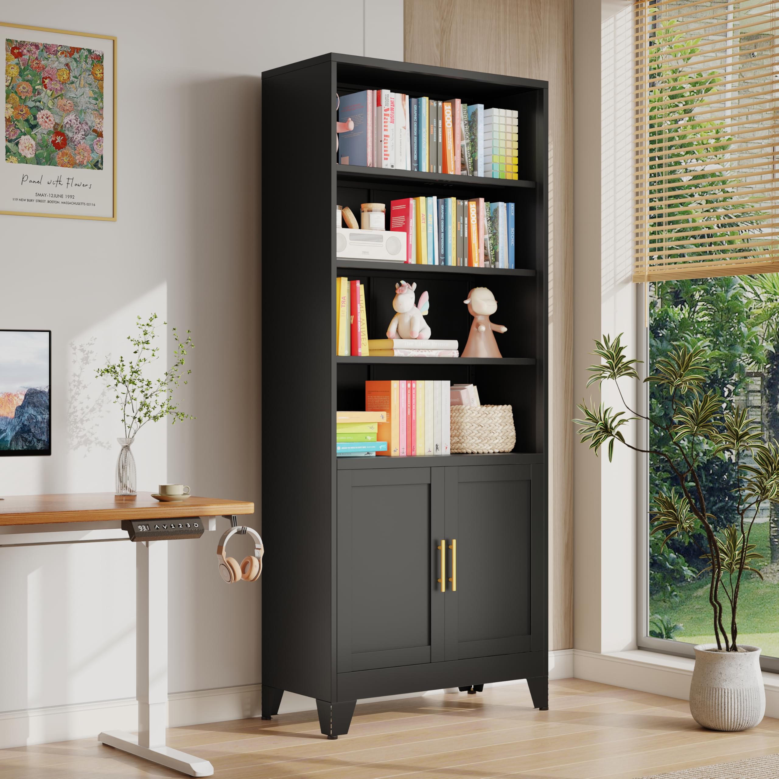 winiowa Metal Black Bookshelf and Bookcase, 6 Tier Bookshelves with Cabinet Doors, 75.2" Tall Display Book Shelf and Storage Cabinets for Living Room, Home Office, Library