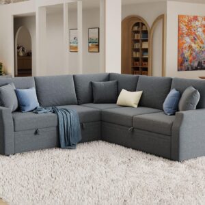 Jocisland Sofa Bed, 85 Inch Sleeper Sofa with Pull Out Bed & Storage Seat, Oversized L Shape Sectional Sofa for Living Room Apartment, Grey Linen Reversible Couch