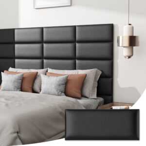 imxpw peel and stick headboard for queen size, upholstered faux leather wall mounted headboard, pack of 6 panels (each 24"x10", black)