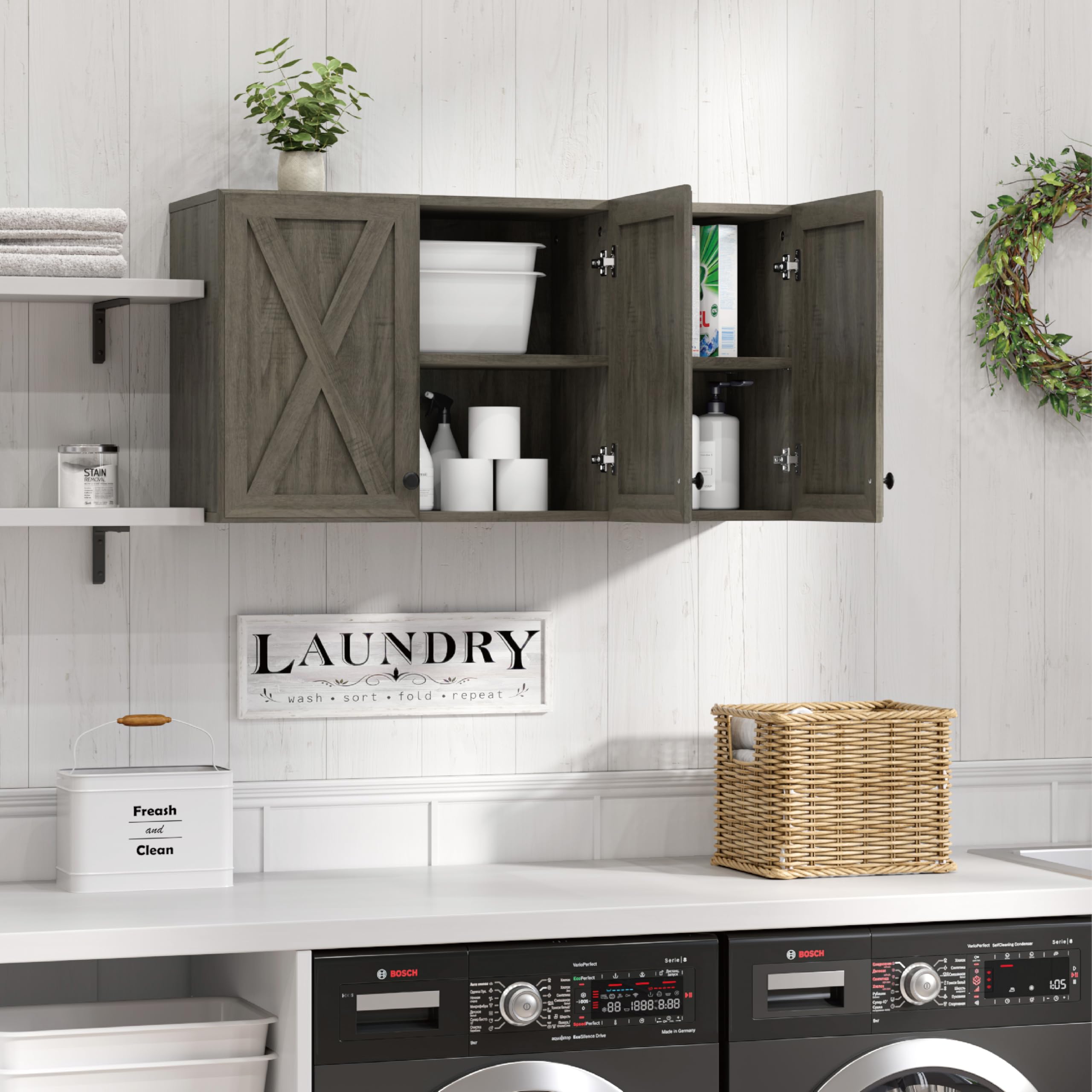 Laundry Wall Cabinets - Farmhouse Kitchen Wall Amount Storage Cabinets with 3 Doors and Shelves, 36inch