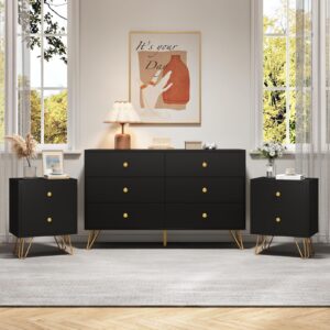 Tradare 6 Drawer Dresser and Night Stand Sets for Bedroom, Two Drawers Nightstand Set of 2 & 6 Drawer Dresser with Gold Handle, Modern Black and Gold Dresser Set