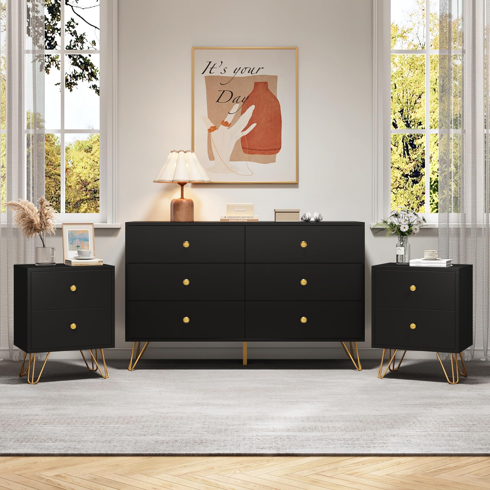 Tradare 6 Drawer Dresser and Night Stand Sets for Bedroom, Two Drawers Nightstand Set of 2 & 6 Drawer Dresser with Gold Handle, Modern Black and Gold Dresser Set