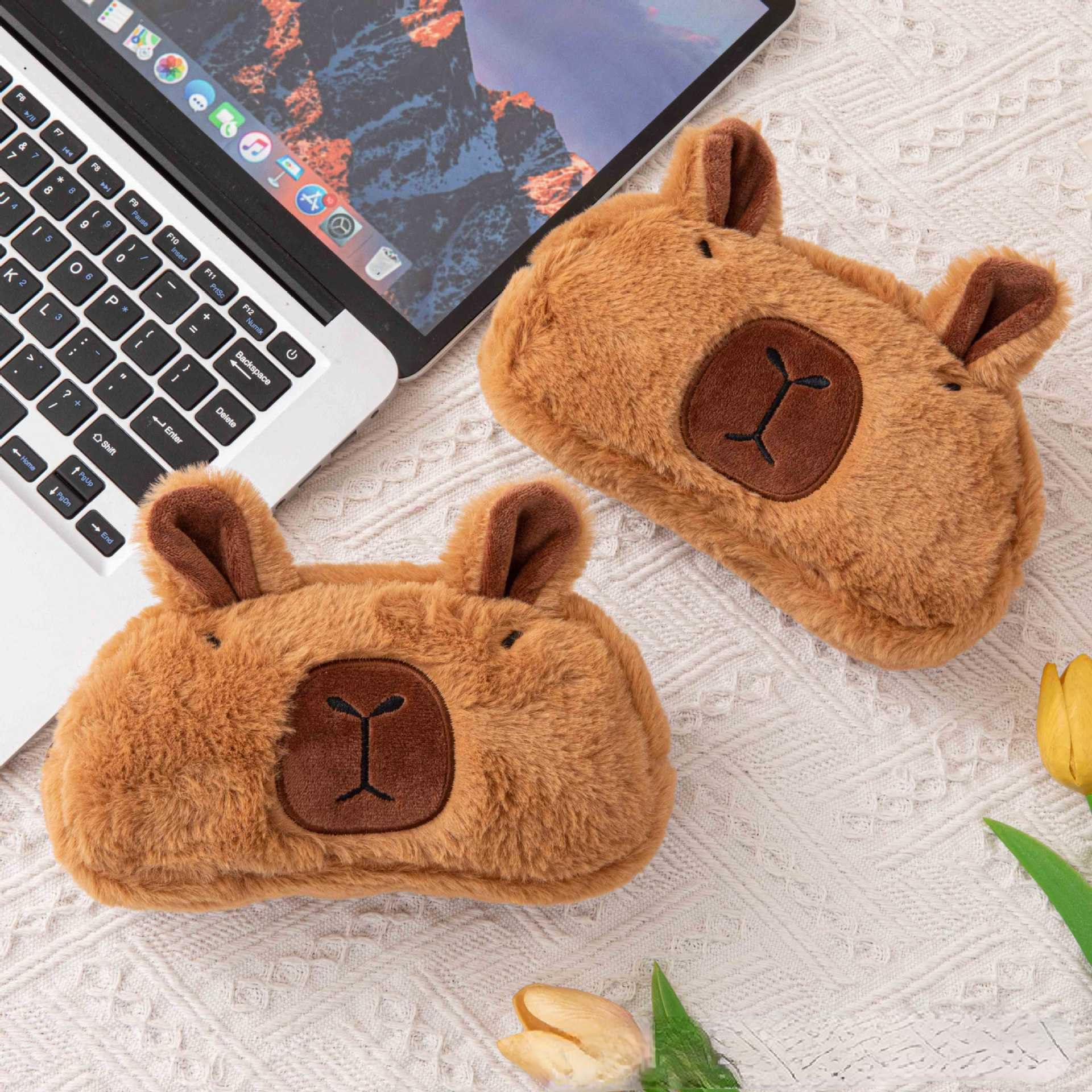 Novelty Funny Calm Down Brown Capybara Big Eyes Seagull Bird Big Mouth Green Frog Soft Stuffed Surface Fluffy Clothes Zipper Pencil Box Pencil Case Pencil Storage Holder Pouch Pen Bag -Capybara