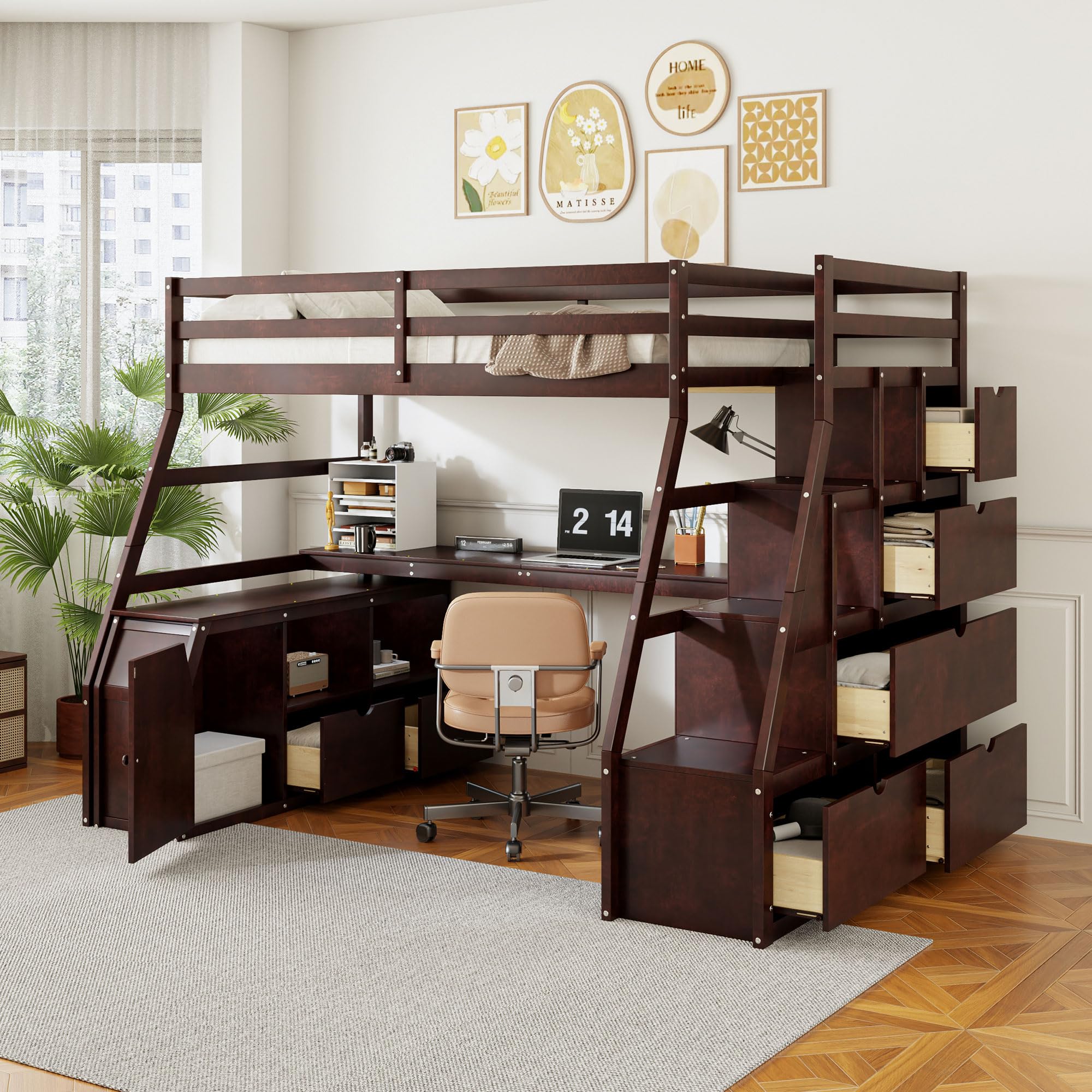 Full Size Loft Bed with Desk, Solid Wood Loft Bed Frame with 7 Drawers and 2 Shelves, Storage Cabinet, 68.3" High Loft Bed Frame with Storage Staircase, No Box Spring Required (Espresso/Full,90)