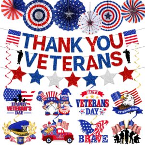 veterans day decorations,thank you veterans banner happy veterans day decorations hanging swirls and red white blue paper fans for veterans day party bulletin board indoors patriotic decorations