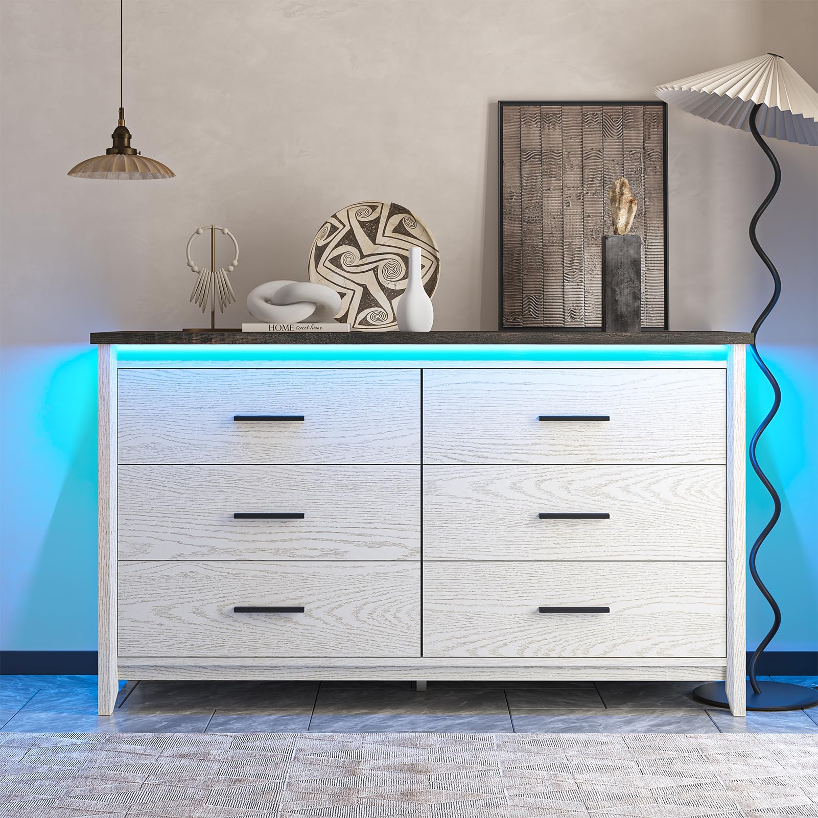 TVU Farmhouse 6 Drawers Wood Dresser with LED, Storage Dresser for Bedroom, Wide Chest of Drawer with Metal Handles