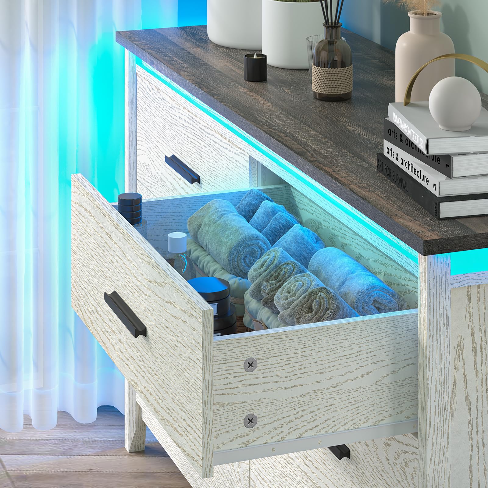 TVU Farmhouse 6 Drawers Wood Dresser with LED, Storage Dresser for Bedroom, Wide Chest of Drawer with Metal Handles