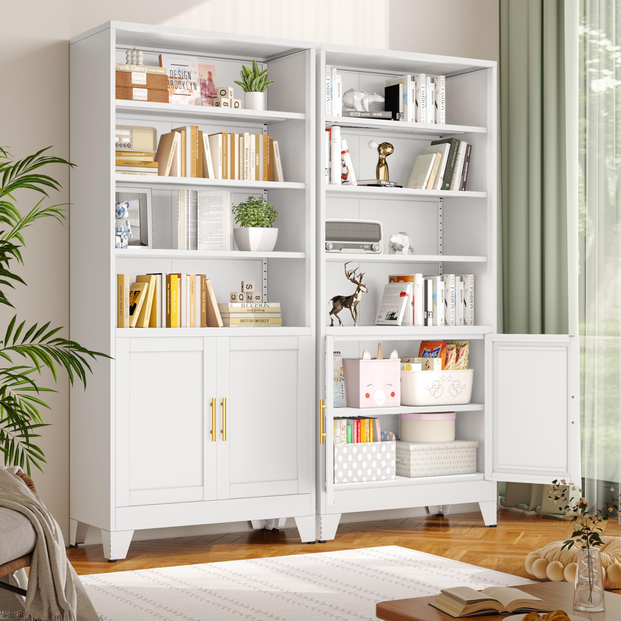 RISTERN 75" Tall White Metal Bookshelf with 4 Adjustable Storage Shelves and Doors, Open Freestanding Display Storage Cabinet for Office, Home Office, Living Room, Bed Room, 15.75"D x 31.5"W x 75.2"H