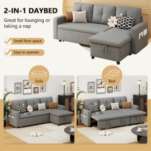 FREDEES Sectional Sofa L-Shaped Sofa Couch Bed with Chaise & USB,Couch Sleeper Pull Out Bed & Storage Space, 3-seat Fabric Convertible Sofa, Pull Out Couch for Living Room, Grey