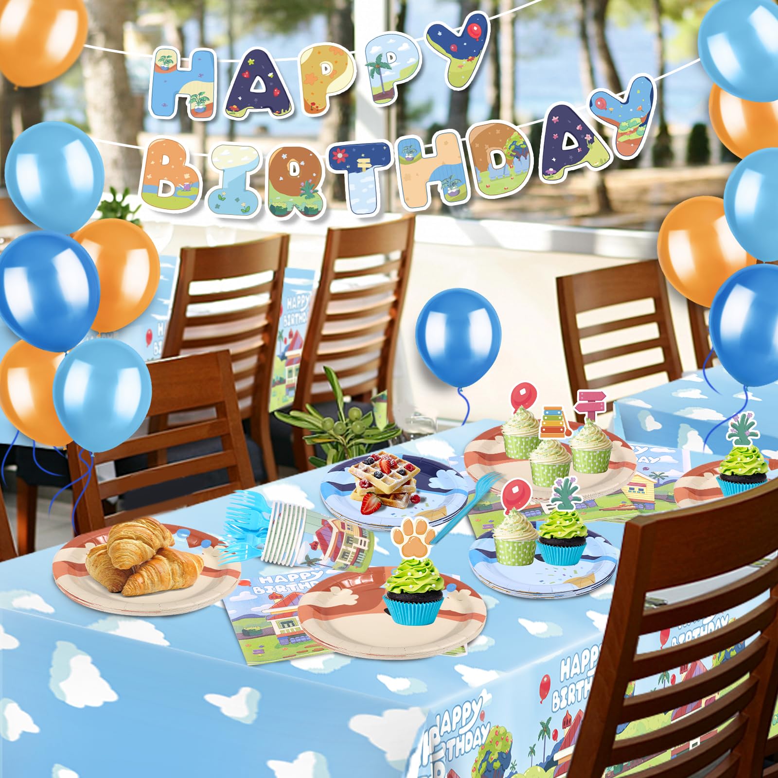 Blue Dog Birthday Party Supplies Serve 20 Guests, Blue Party Decoration Tableware with Blush Nude Orange Blue Balloons, Birthday Banners, Tablecloth, Plates, Napkins, Cups, Forks, Cake Toppers