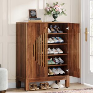 tribesigns 5-tier shoe cabinet with round louvered doors, 20 pairs farmhouse shoe storage cabinet with adjustable shelves, freestanding shoe rack organizer for entryway, hallway, living room, brown