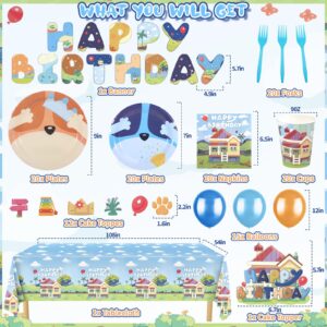 Blue Dog Birthday Party Supplies Serve 20 Guests, Blue Party Decoration Tableware with Blush Nude Orange Blue Balloons, Birthday Banners, Tablecloth, Plates, Napkins, Cups, Forks, Cake Toppers