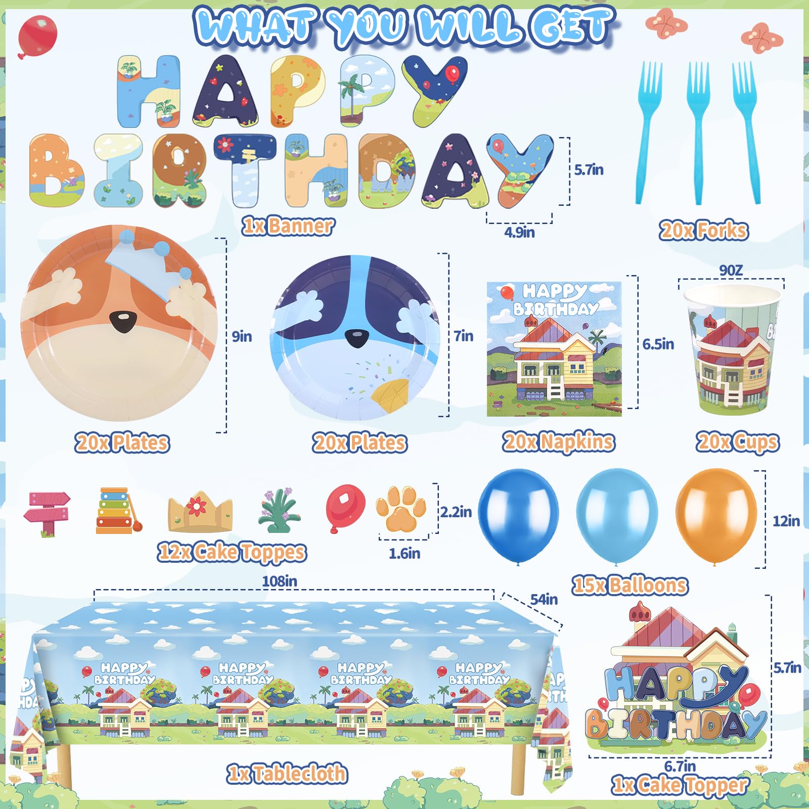 Blue Dog Birthday Party Supplies Serve 20 Guests, Blue Party Decoration Tableware with Blush Nude Orange Blue Balloons, Birthday Banners, Tablecloth, Plates, Napkins, Cups, Forks, Cake Toppers