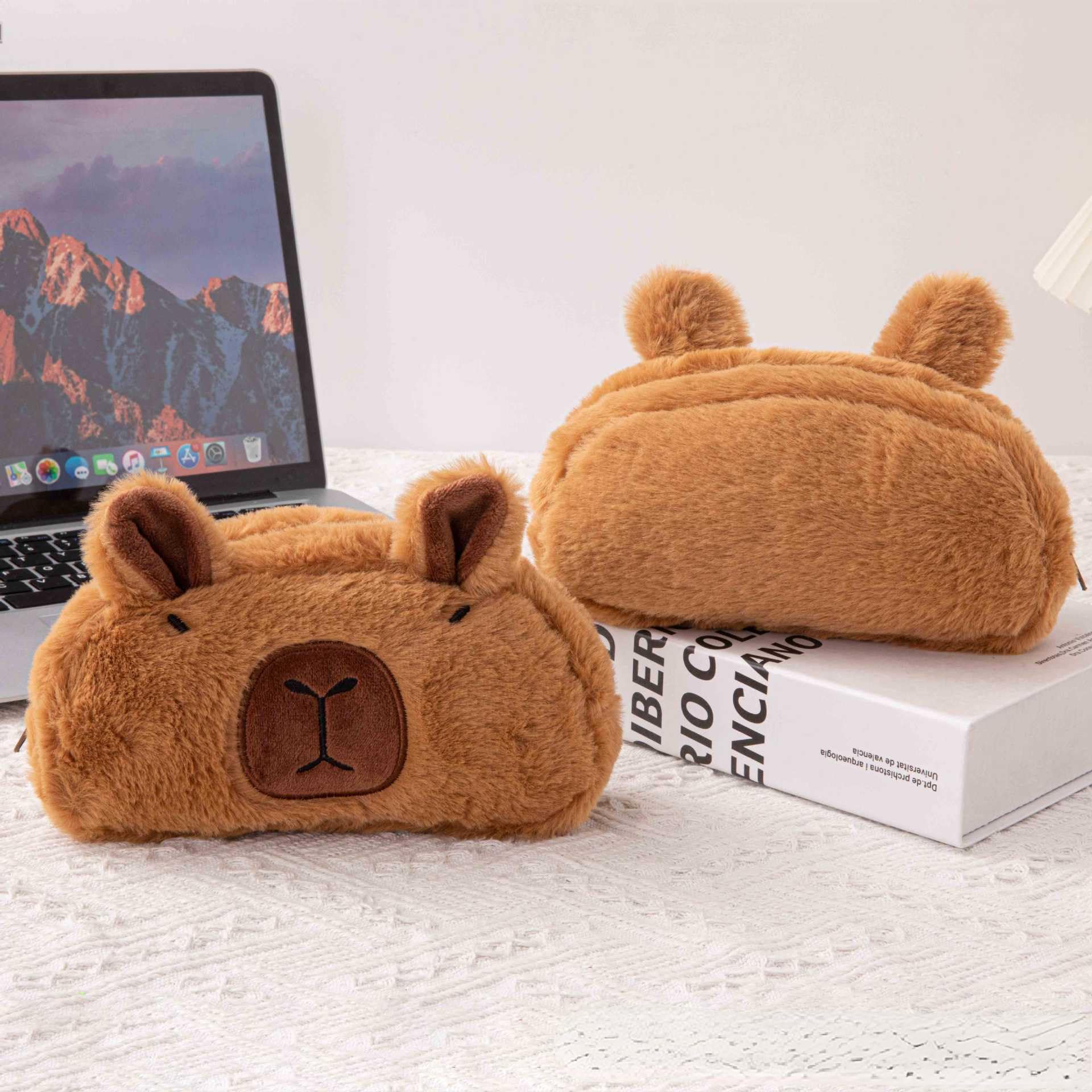 Novelty Funny Calm Down Brown Capybara Big Eyes Seagull Bird Big Mouth Green Frog Soft Stuffed Surface Fluffy Clothes Zipper Pencil Box Pencil Case Pencil Storage Holder Pouch Pen Bag -Capybara