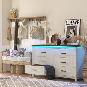 TVU Farmhouse 6 Drawers Wood Dresser with LED, Storage Dresser for Bedroom, Wide Chest of Drawer with Metal Handles