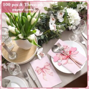 Janlaugh 100 Pack Cocktail Bow Napkins Disposable Folded Bow Party Supplies Birthday Bridal Shower Bachelorette Bow Paper Towel Bathroom Disposable Towel for Birthday Engagement Decor