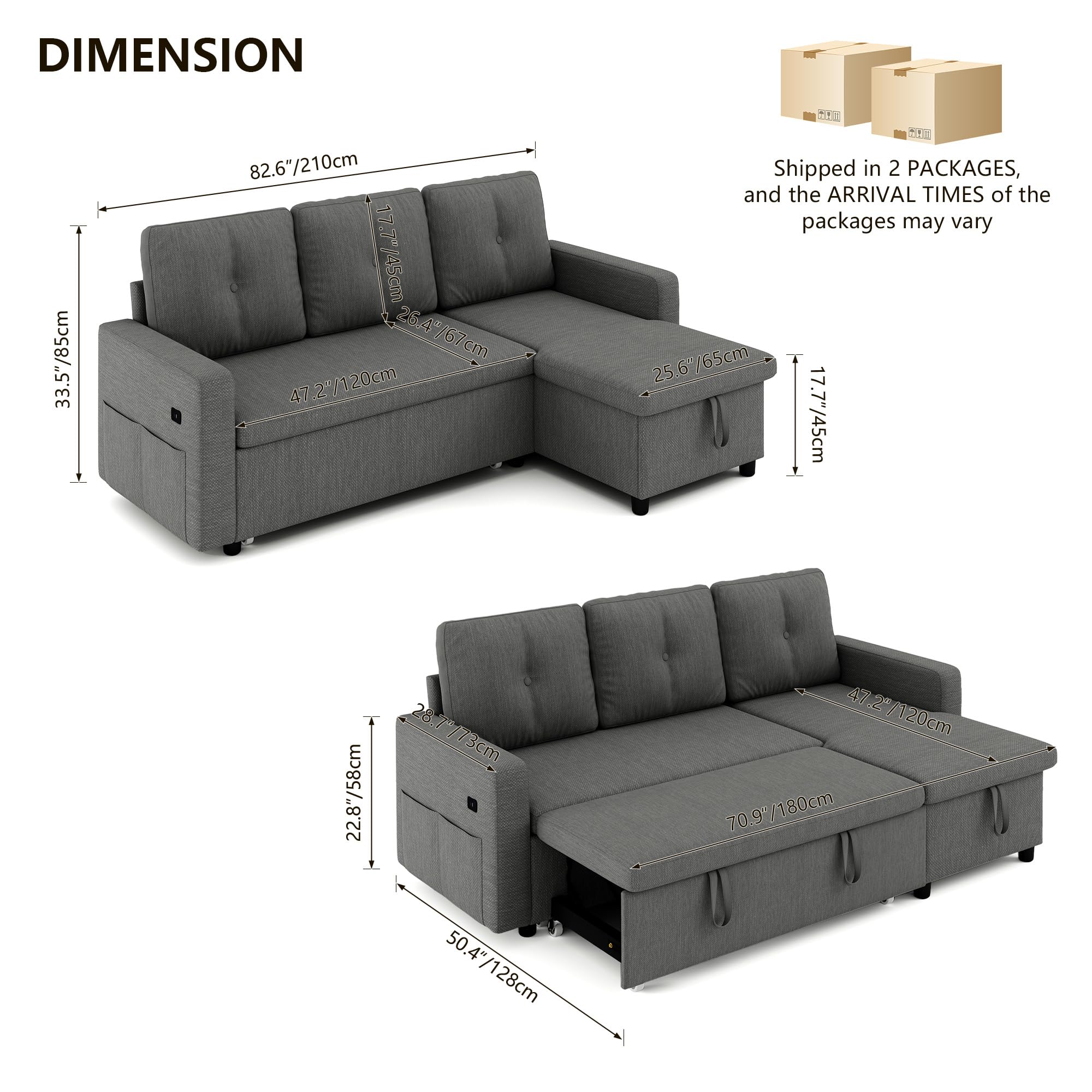 FREDEES Sectional Sofa L-Shaped Sofa Couch Bed with Chaise & USB,Couch Sleeper Pull Out Bed & Storage Space, 3-seat Fabric Convertible Sofa, Pull Out Couch for Living Room, Grey