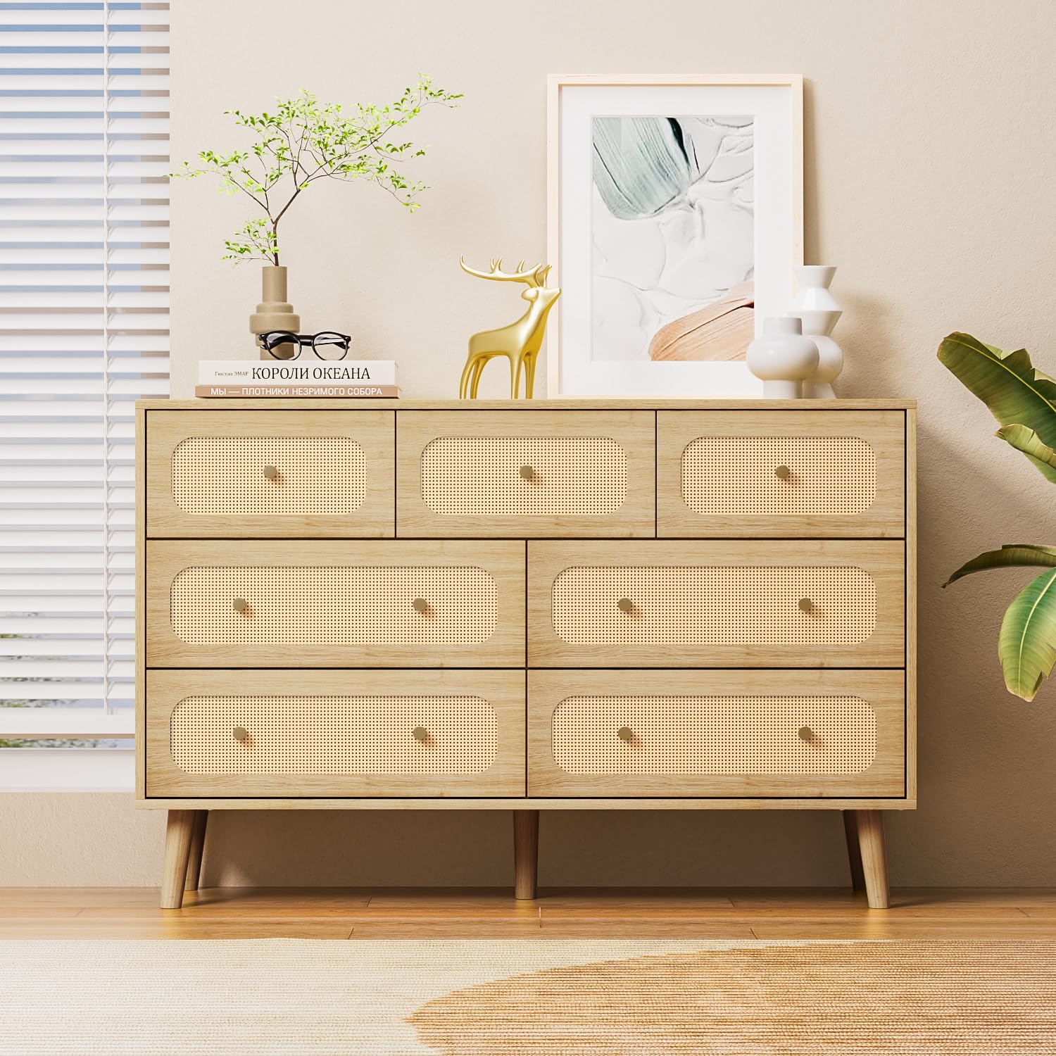 Wananlanen Rattan Dresser for Bedroom, Wood Boho 7 Drawer Chest of Drawer with Storage and Gold Handle, Modern Natural Rattan Dresser for Living Room, Hallway, Entryway