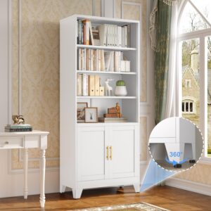 RISTERN 75" Tall White Metal Bookshelf with 4 Adjustable Storage Shelves and Doors, Open Freestanding Display Storage Cabinet for Office, Home Office, Living Room, Bed Room, 15.75"D x 31.5"W x 75.2"H