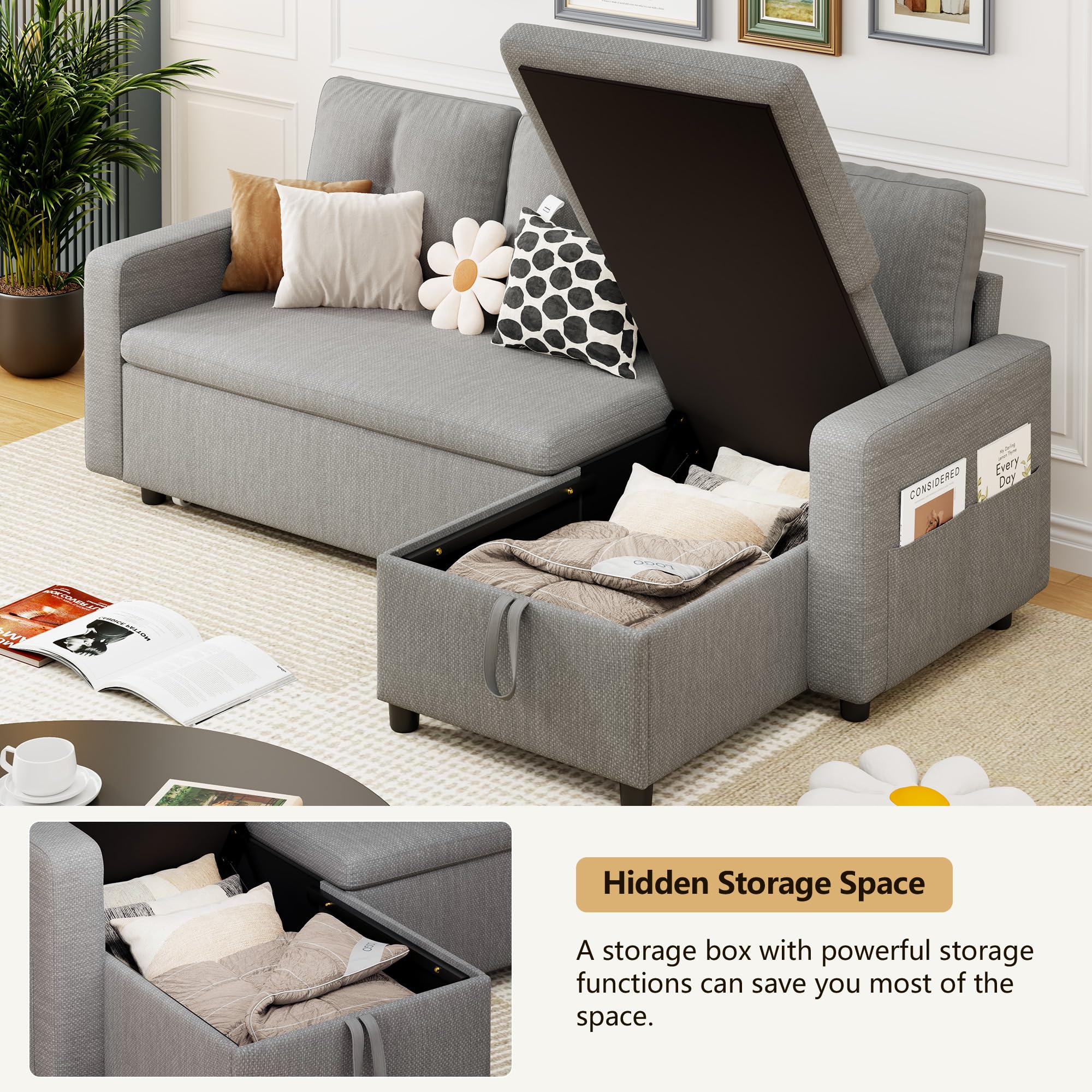 FREDEES Sectional Sofa L-Shaped Sofa Couch Bed with Chaise & USB,Couch Sleeper Pull Out Bed & Storage Space, 3-seat Fabric Convertible Sofa, Pull Out Couch for Living Room, Grey