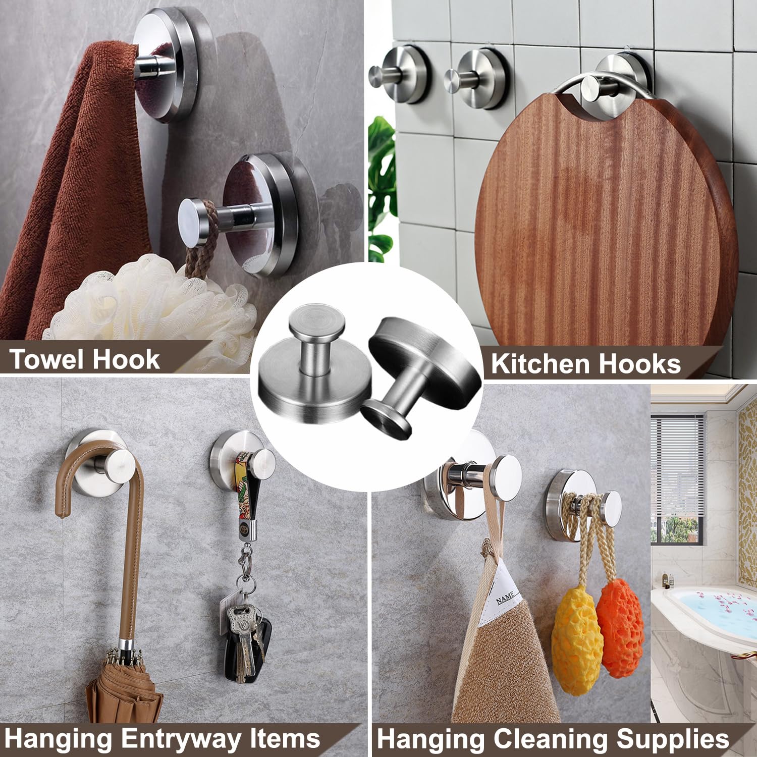 Hendiy Suction Cup Hooks, Towel Hooks for Bathrooms Stainless Steel Waterproof Suction Cup Hooks for Shower, Mounting on Glass Shower Doors, Tile, Suction Hooks on Bathroom or Kitchen 2 Pack