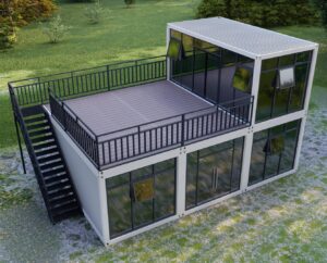 4 container houses combined with 2 two-story villas modular shipping container house luxury prefab home - with living room, bathroom, kitchen for homes, hotels, offices