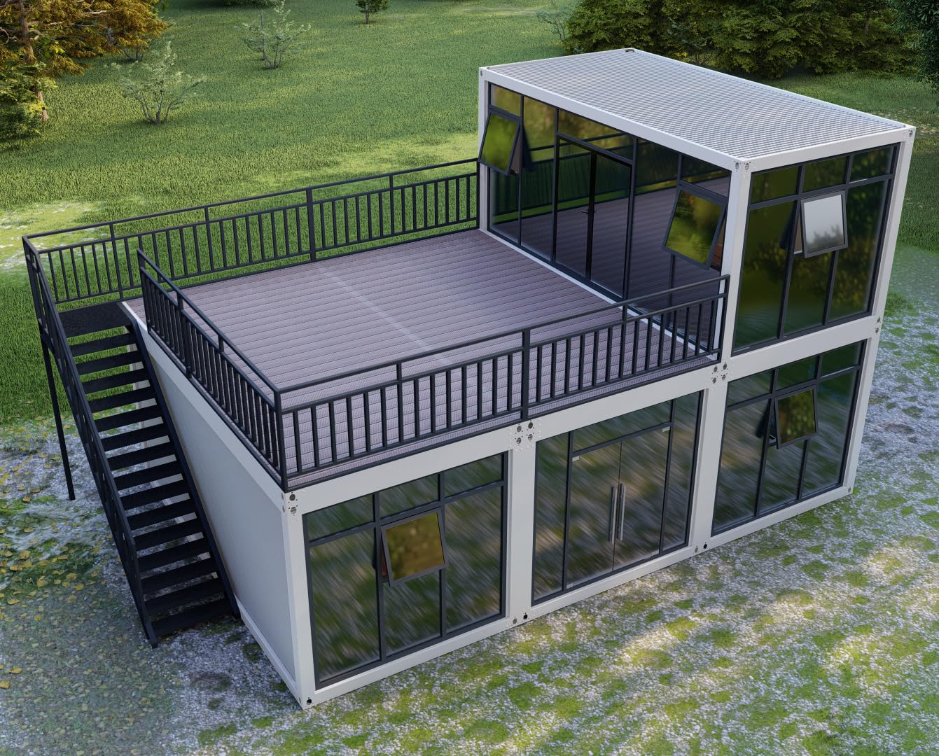 4 Container Houses Combined with 2 Two-Story Villas Modular Shipping Container House Luxury Prefab Home - with Living Room, Bathroom, Kitchen for Homes, Hotels, Offices