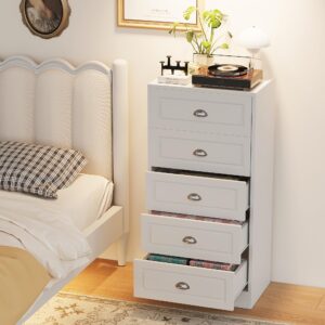 Meilocar Dresser with 5 Drawers, Wood Chest of Drawers, 47in Vertical White Dresser Storage Tower, 5 Drawer Dresser for Living Room, Bedroom, Hallway (White)