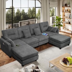 difyhomey u shaped modular sectional couches with usb ports, oversized 125” velvet anti-scratches fabric sectional sofa set with ottoman, lumbar pillows for living room, office