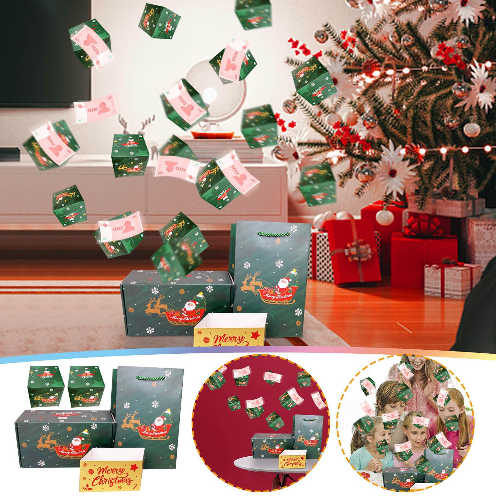 Merry Christmas Surprise Gift Box Explosion for Money - Money Gift Box Explosion with Reindeer Santa Claus- Pop Out Folding Bounce Explosion Gift Box (Green-9pc)