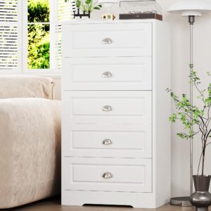 meilocar dresser with 5 drawers, wood chest of drawers, 47in vertical white dresser storage tower, 5 drawer dresser for living room, bedroom, hallway (white)