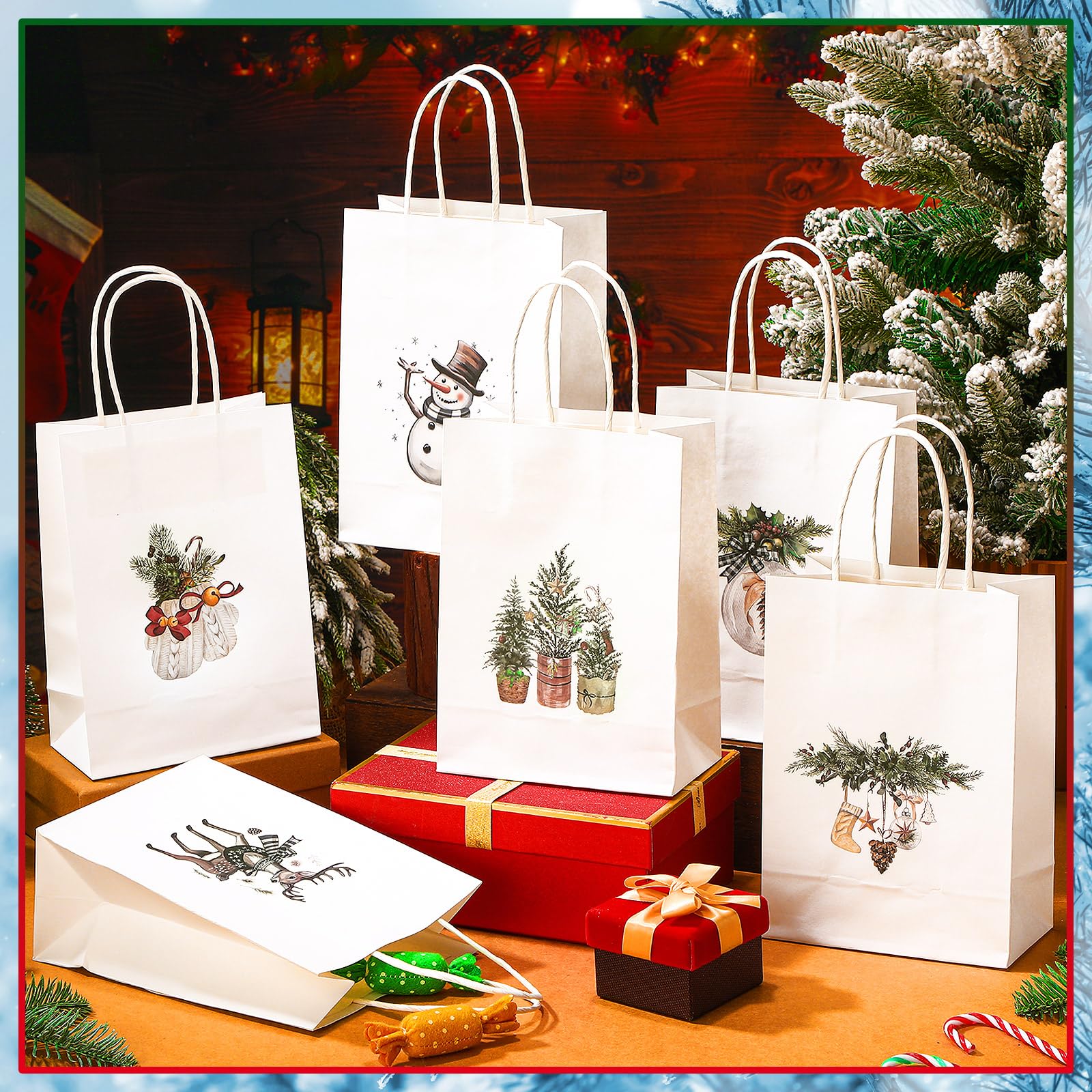 Kolldenn 24 Pack Christmas Gift Bags with Handle Modern Rustic Christmas Paper Bags Small Gift Bags Cozy Boho Watercolor Christmas Holiday Gift Bags for Christmas, Winter Weddings, Birthdays