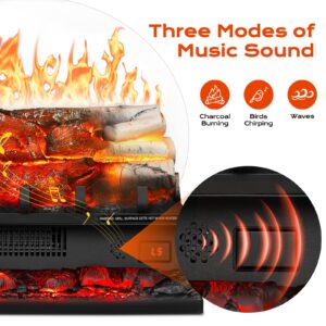 Electric Fireplace Log Heater 750W/1500W, 20" Electric Fireplace Insert with Adjustable 5 Flame Brightness&Speed/3 Music Sounds/Remote Control/8Hrs Timer for Home, Room, Office Decor