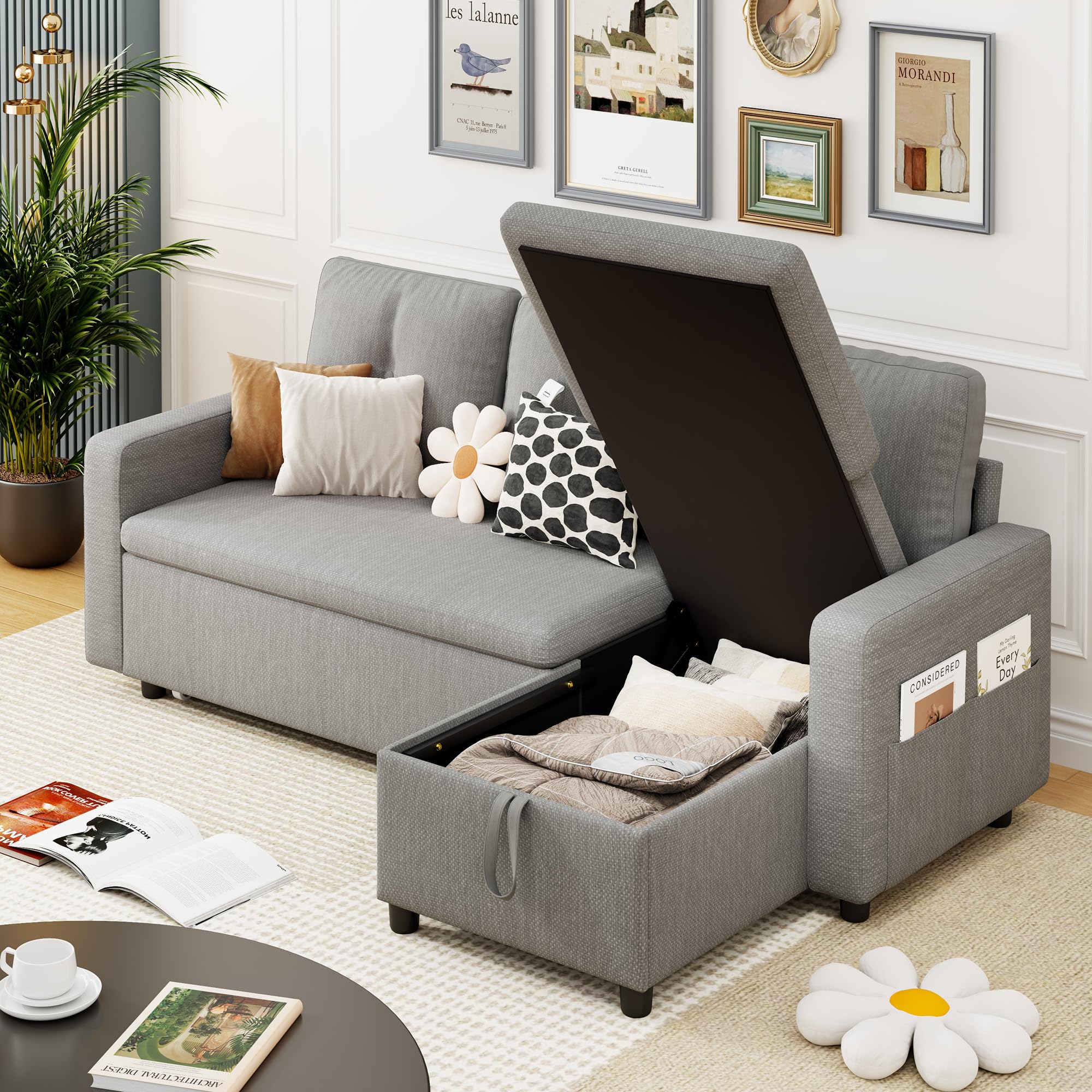 FREDEES Sectional Sofa L-Shaped Sofa Couch Bed with Chaise & USB,Couch Sleeper Pull Out Bed & Storage Space, 3-seat Fabric Convertible Sofa, Pull Out Couch for Living Room, Grey