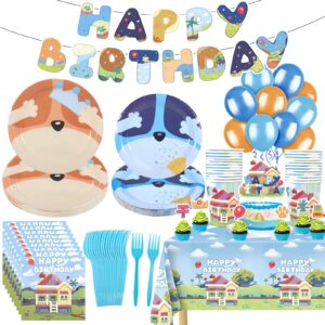 blue dog birthday party supplies serve 20 guests, blue party decoration tableware with blush nude orange blue balloons, birthday banners, tablecloth, plates, napkins, cups, forks, cake toppers