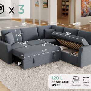 Jocisland Sofa Bed, 85 Inch Sleeper Sofa with Pull Out Bed & Storage Seat, Oversized L Shape Sectional Sofa for Living Room Apartment, Grey Linen Reversible Couch