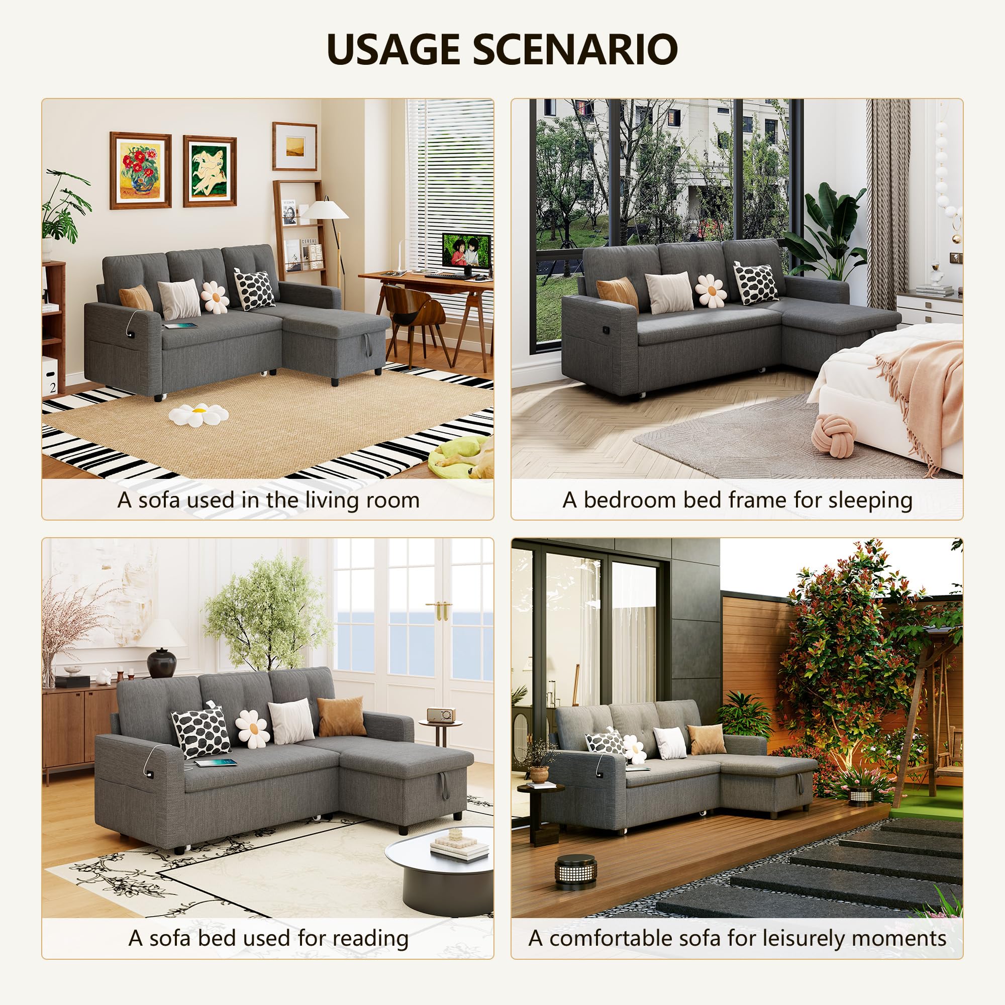 FREDEES Sectional Sofa L-Shaped Sofa Couch Bed with Chaise & USB,Couch Sleeper Pull Out Bed & Storage Space, 3-seat Fabric Convertible Sofa, Pull Out Couch for Living Room, Grey