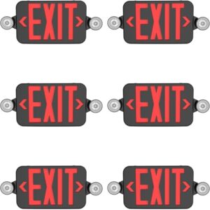 black led exit sign with emergency lights, adjustable two led head emergency exit light with battery backup, ul listed, ac 120/277v, hard wired commercial emergency lighting for business (6 pack)